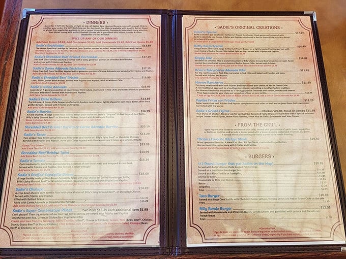The menu at Sadie's reads like a love letter to New Mexican cuisine—each description promising a flavor fiesta worth every calorie.