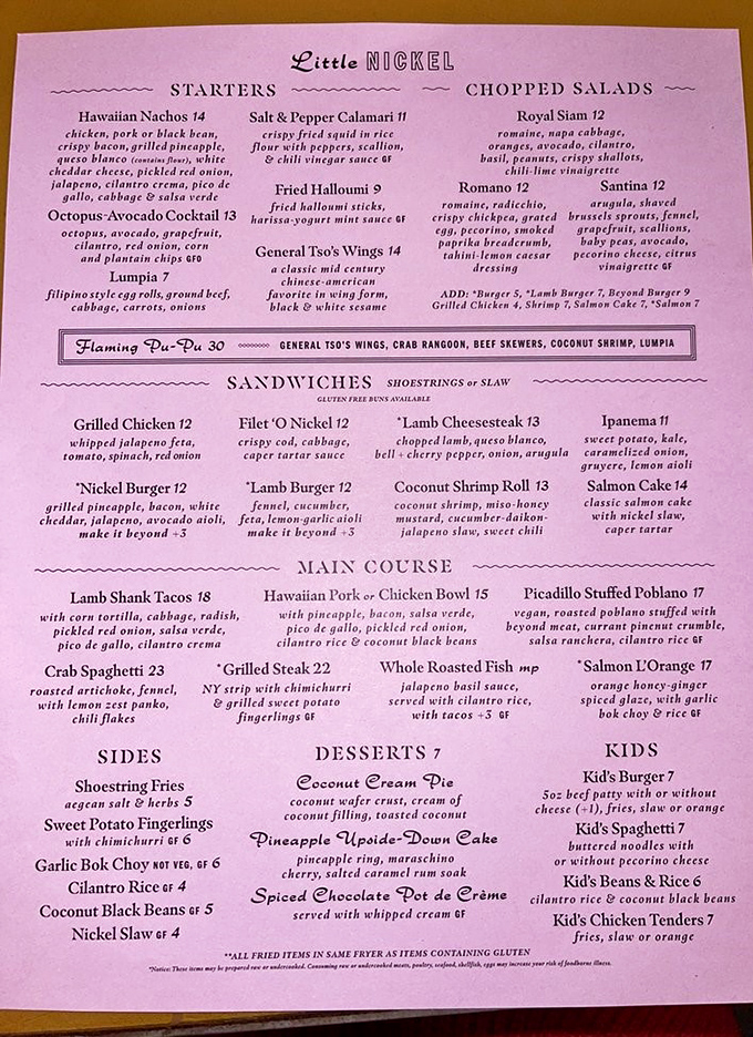 This menu isn't just food—it's a passport to flavor paradise. Hawaiian nachos, lumpia, and coconut cream pie? Yes, please!