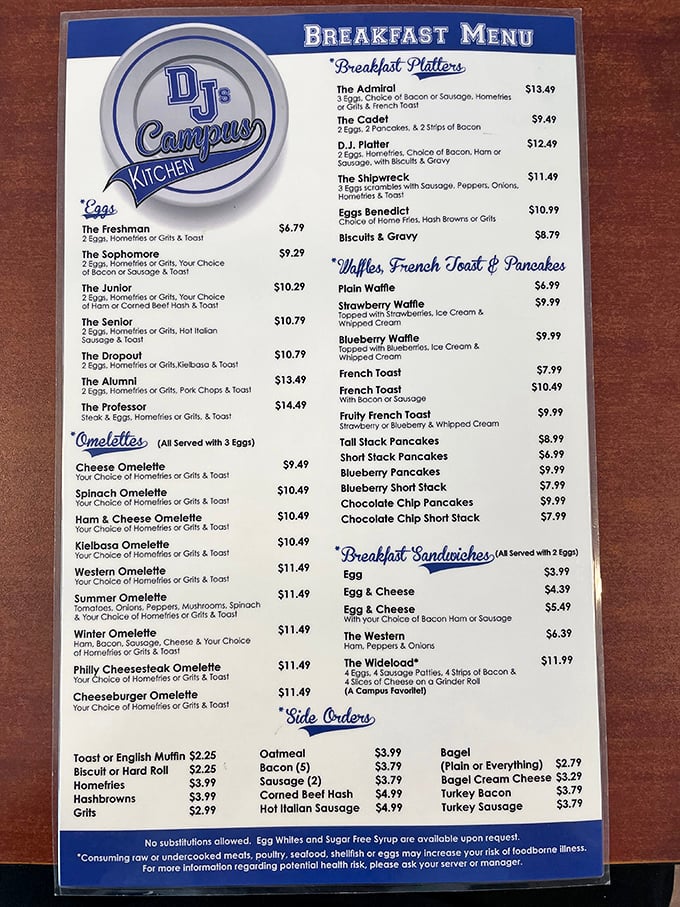 A menu that reads like a college course catalog for breakfast majors—from "The Freshman" to "The Professor," everyone graduates with honors.