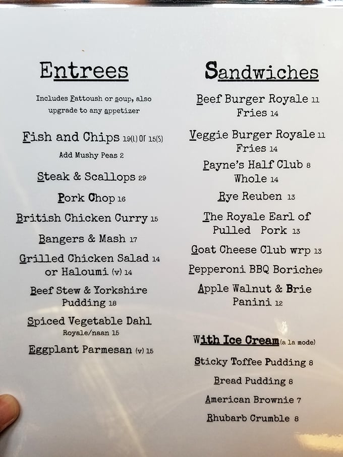 A menu that reads like a British passport—from classic Fish and Chips to Yorkshire Pudding. Each item promises a delicious journey across the pond.