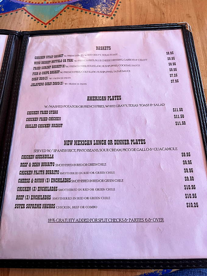 The menu reads like a love letter to comfort food classics, with both American favorites and New Mexican specialties competing for your attention.