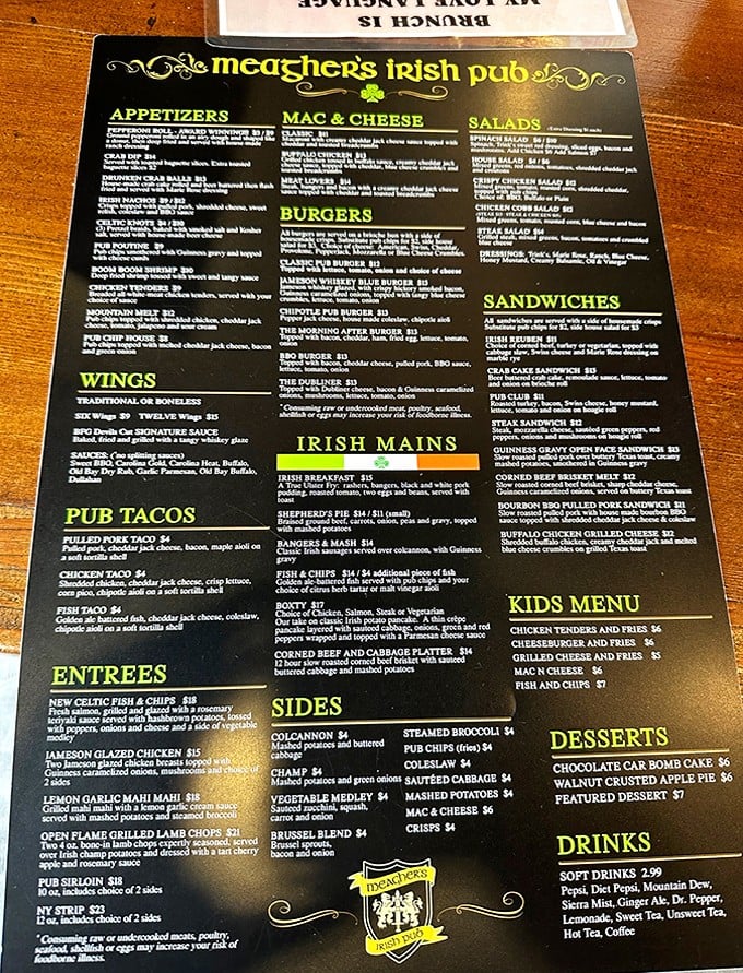 A menu that reads like a love letter to Irish cuisine. The real challenge isn't deciding what to order—it's pronouncing it correctly.