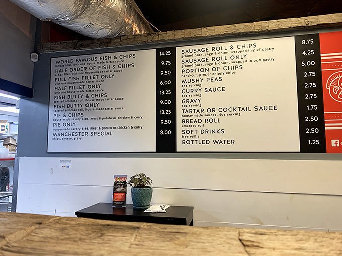 A menu board that doesn't need fancy descriptions or elaborate options—just the promise of proper fish and chips done right.