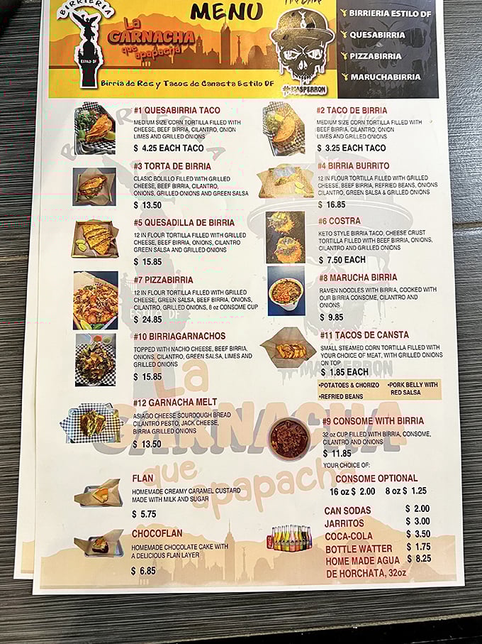 This menu isn't just a list—it's a roadmap to flavor town. The BirriaGarnaNachos are calling my name louder than my high school gym teacher.
