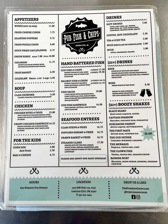 A menu that cuts right to the chase—hand-battered fish, coastal classics, and boozy shakes that'll make you contemplate moving to Lincoln City permanently.