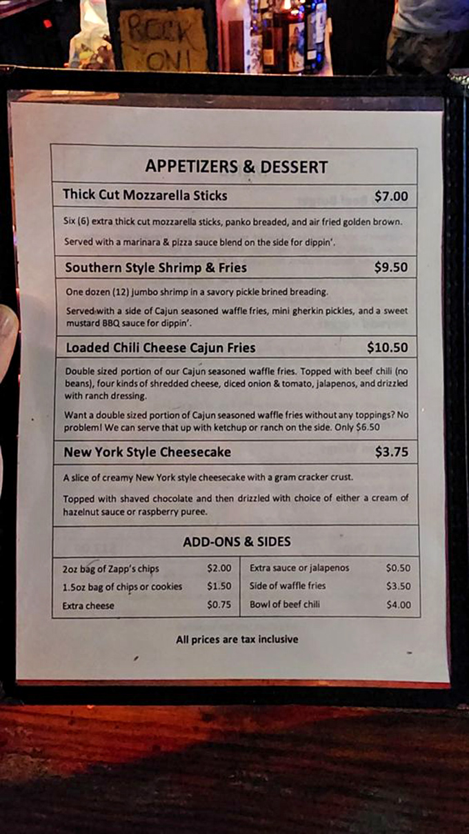 This menu doesn't just list food—it promises happiness. Those Southern Style Shrimp & Fries with pickle-brined breading? That's not a meal, that's a revelation.