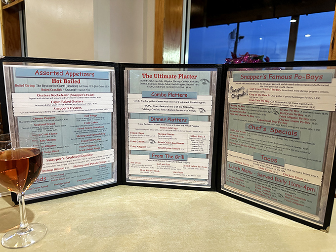 The holy trinity of menus—appetizers, platters, and po'boys—a roadmap to seafood nirvana that requires strategic planning and an empty stomach.