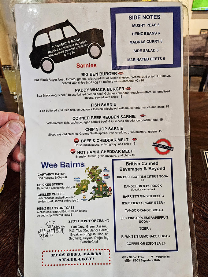 The menu reads like a love letter to British comfort food. "Sarnies" and "Wee Bairns" – even ordering becomes a cultural experience!