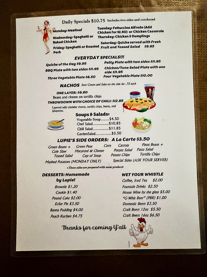This menu isn't just a list of food—it's a roadmap to happiness. Monday's meatloaf special might be the best decision you'll make all week.