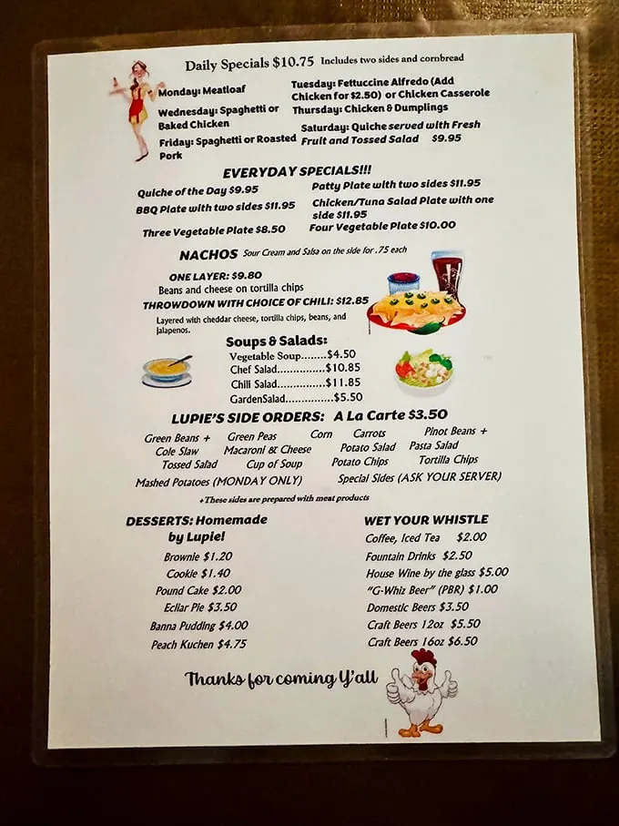 This menu isn't just a list of food—it's a roadmap to happiness. Monday's meatloaf special might be the best decision you'll make all week.