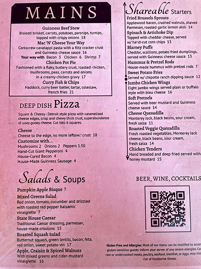 The menu reads like a love letter to comfort food – notice how many dishes feature that magical Guinness cheese sauce?