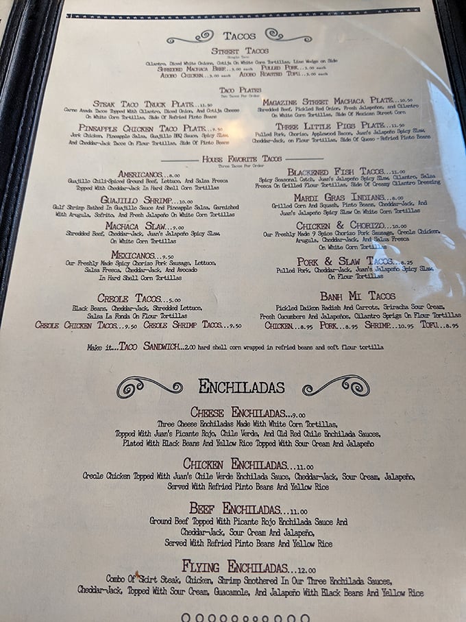 The menu reads like a love letter to fusion cuisine—where Creole traditions and Mexican street food have a delicious affair that nobody wants to end.
