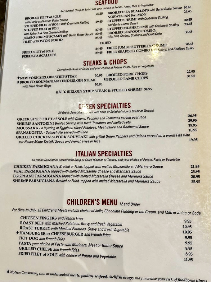 A menu that reads like a culinary United Nations—Greek, Italian, and American classics sharing peaceful borders on the same delicious page.