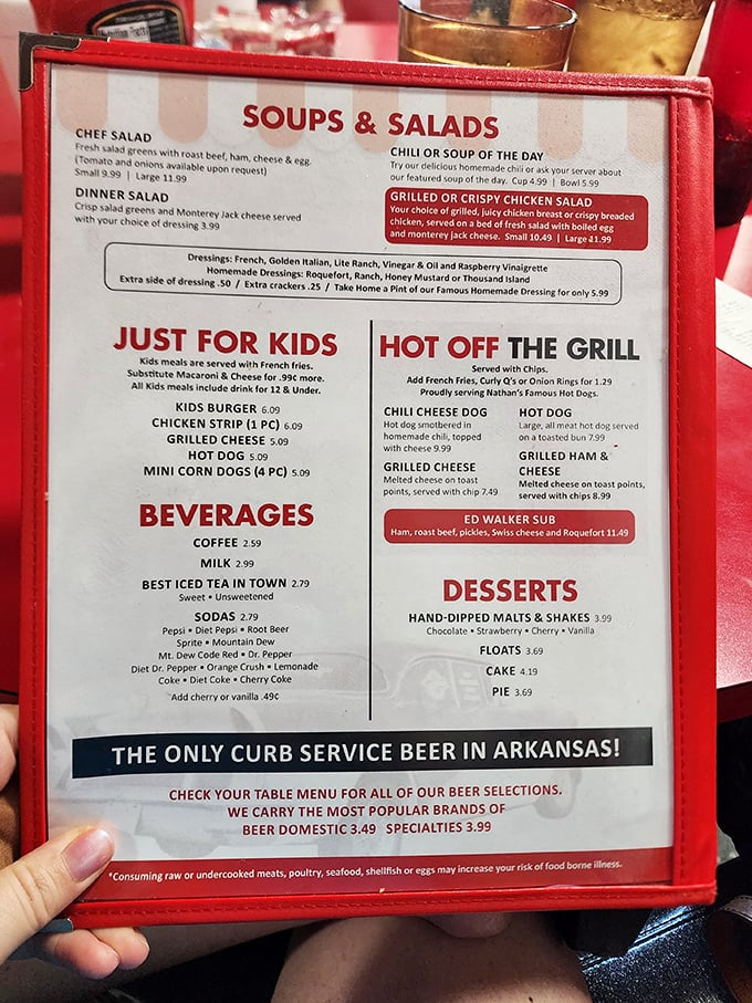 This menu isn't just a list of food—it's a declaration that some traditions, like curbside beer service (the only one in Arkansas!), deserve preservation.