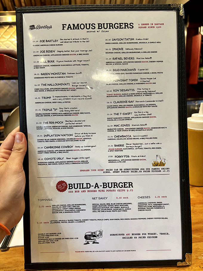 The menu reads like a political roast with burgers named after public figures. Each creation comes with its own satirical twist—democracy you can actually sink your teeth into.