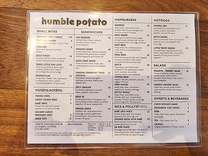 This menu isn't just a list—it's a roadmap to happiness. Each section promises Japanese-American fusion that'll make you question why this combination isn't everywhere.