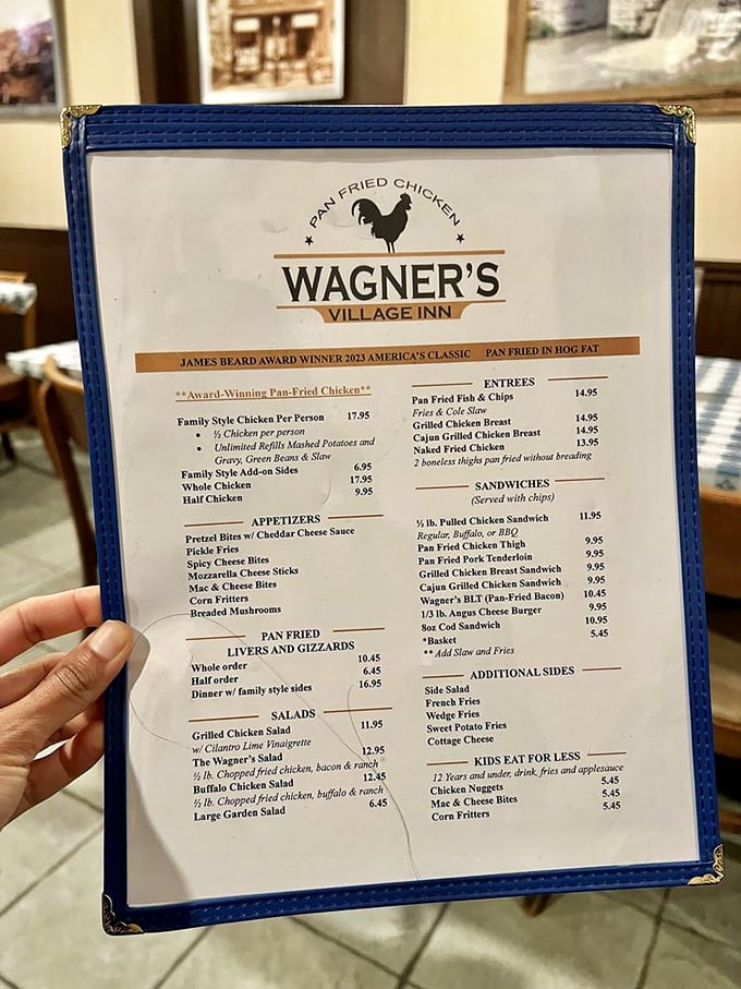 The menu proudly announces their James Beard Award-winning status – proof that sometimes the best food doesn't need a fancy pedigree, just perfect execution.