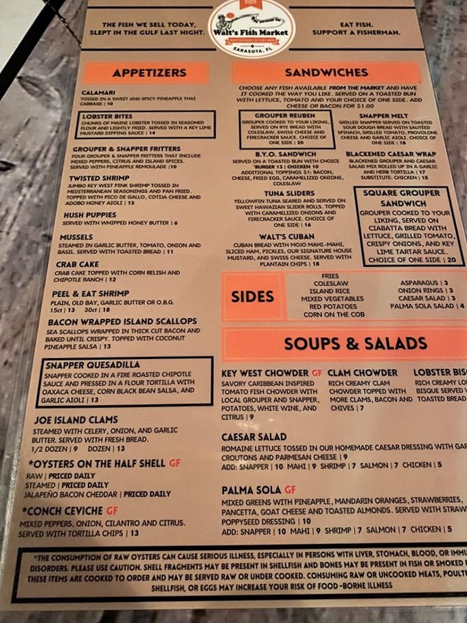This menu isn't just a list of options; it's a love letter to the Gulf of Mexico written in grouper sandwiches and key lime pie.