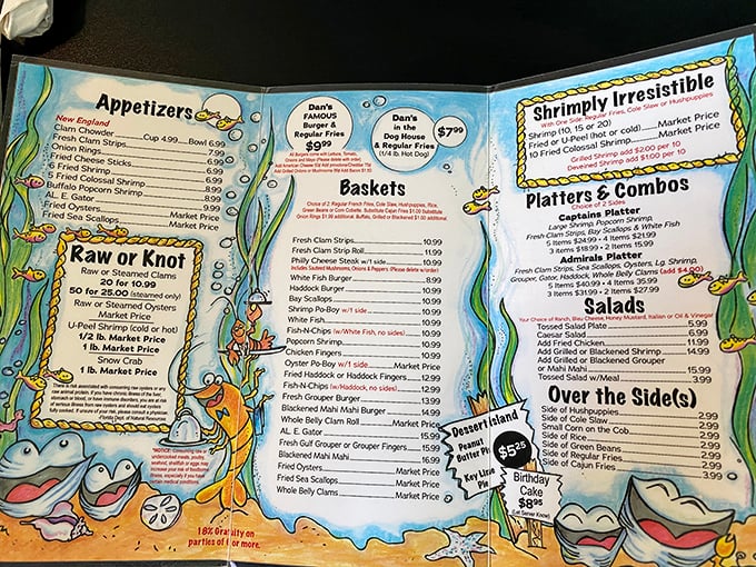 This colorfully illustrated menu isn't just a food list—it's a treasure map to seafood nirvana, complete with cartoon sea creatures that haven't yet realized their relatives are on your plate.