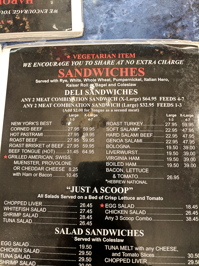 This isn't just a menu—it's a declaration of delicious defiance against reasonable portion sizes. Notice they specify how many people each sandwich feeds!