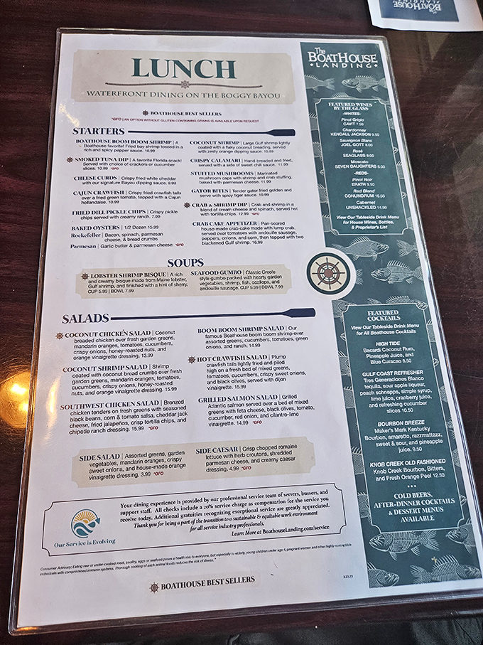 A menu that reads like a love letter to Gulf seafood. Decision paralysis has never been so delicious—good luck choosing just one dish!
