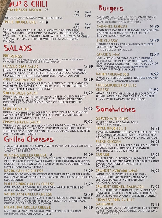 Menu poetry in motion: Gracie's lineup reads like a love letter to American comfort classics, with grilled cheese as the undisputed star.
