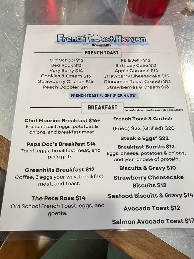 The menu reads like a dessert lover's fantasy that somehow got approved for breakfast consumption. Sweet victory!