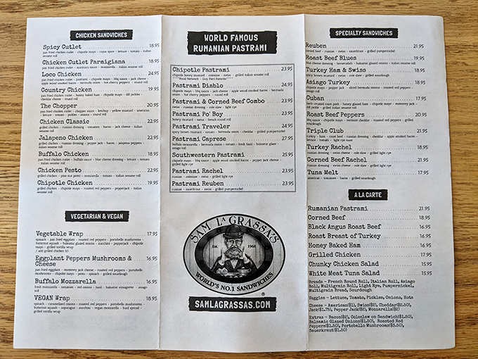 This menu isn't just a list of options—it's a roadmap to sandwich nirvana. The "World Famous Romanian Pastrami" section alone deserves its own ZIP code.