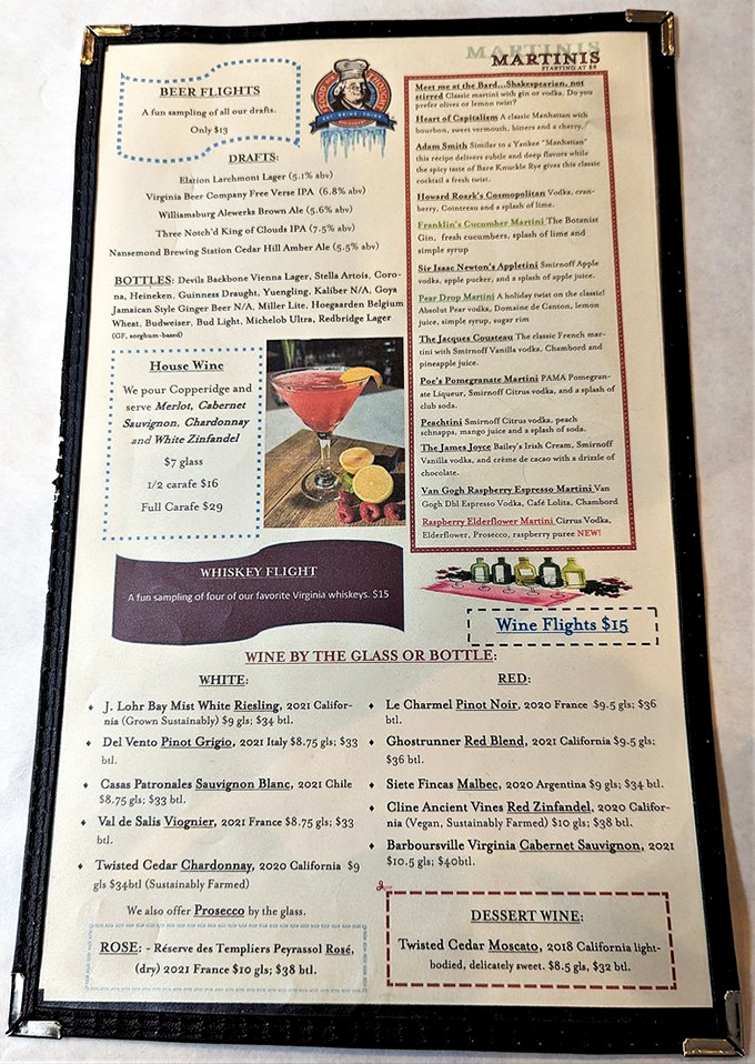 The drink menu offers everything from Virginia whiskey flights to creative martinis. Benjamin Franklin smiles knowingly—he'd approve of both the spirits and the intellectual stimulation.