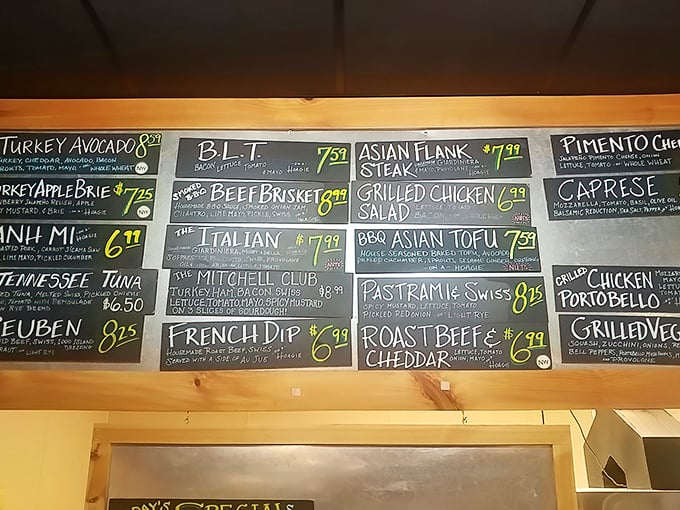 The chalkboard menu reads like poetry to sandwich lovers. Each option promises its own unique flavor journey—choose your adventure!