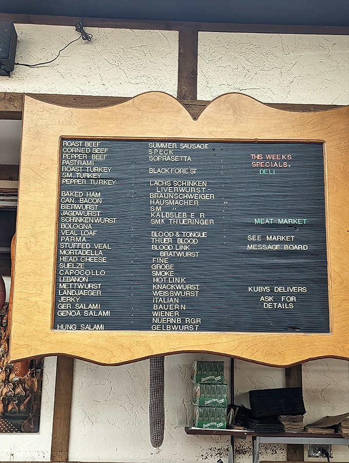 This menu board is a linguistic adventure – where else can you find words like "Braunschweiger" and "Knackwurst" displayed with such pride?