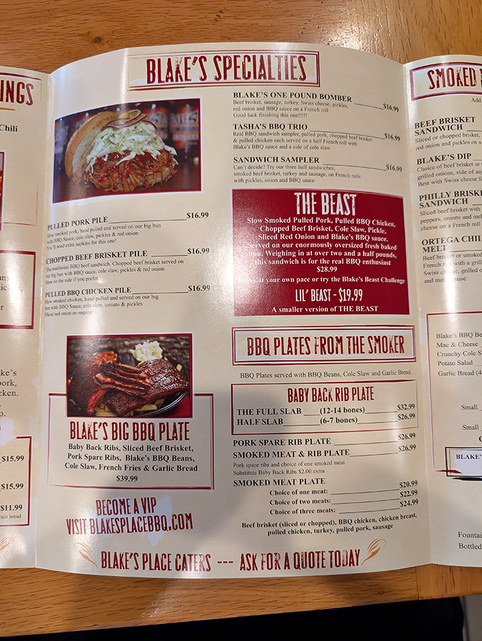 This menu reads like a love letter to smoked meats, featuring challenges that dare you.