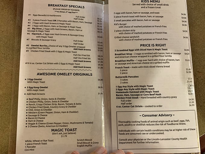 This menu isn't offering a "deconstructed breakfast experience"—just honest food with straightforward names like "Awesome Omelet Originals" that deliver exactly what they promise.