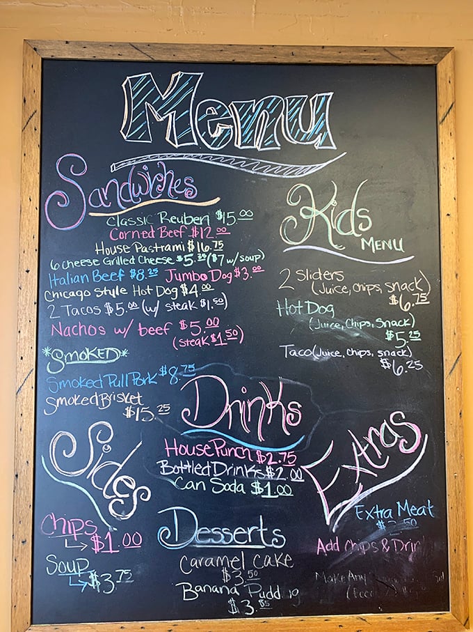 A chalkboard menu that tells you everything you need to know—this place has its priorities straight. The Classic Reuben sits rightfully at the top.