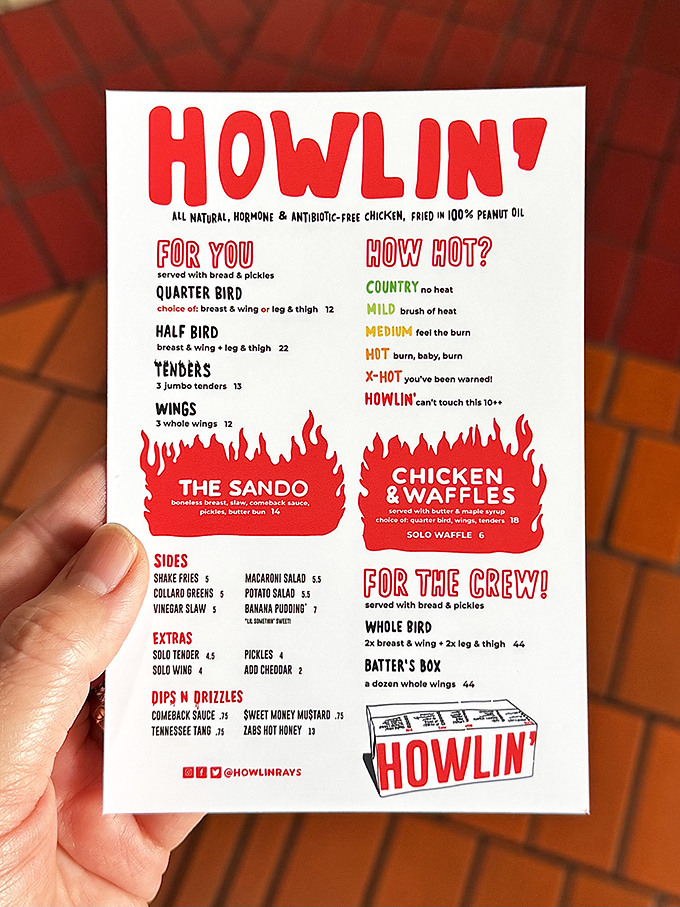 The menu doesn't mince words: "Howlin'" means business. Choose your adventure wisely—your taste buds will thank you or curse you.