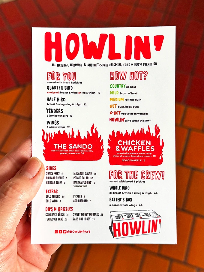 The menu doesn't mince words: "Howlin'" means business. Choose your adventure wisely—your taste buds will thank you or curse you.