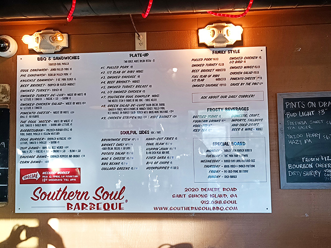 Menu board poetry—each line promising smoky delights that'll have you planning your next visit before you've finished your first bite.