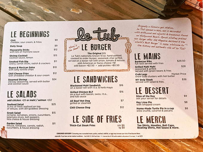 The menu at Le Tub tells you everything you need to know—straightforward food categories with delicious options and zero pretension.