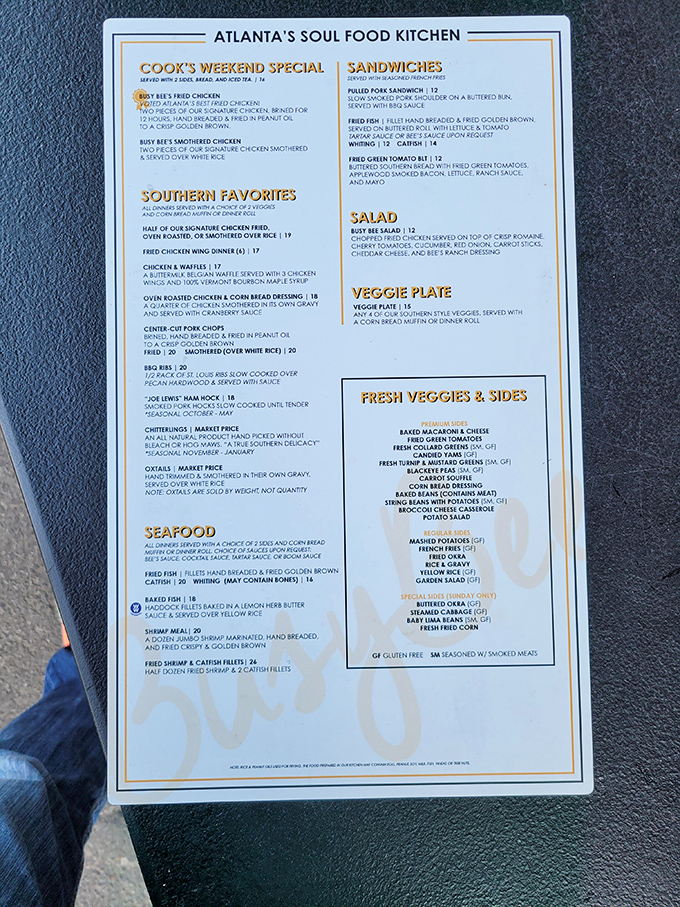 This isn't just a menu—it's a roadmap to soul food paradise. Notice how "fried chicken" appears in multiple sections? That's not redundancy, that's priority.