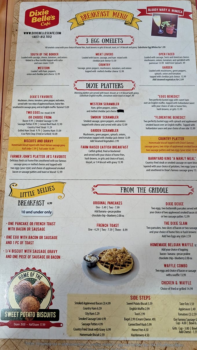 This menu isn't just a list—it's a roadmap to happiness. The "Dixie Platters" section should come with a warning: "May induce spontaneous Southern accent."