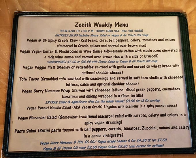 The weekly menu reads like a love letter to vegetarian cuisine—simple descriptions that hide complex flavors waiting to be discovered.