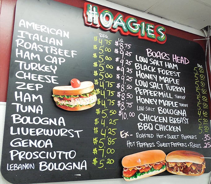 The hoagie board reads like poetry to sandwich enthusiasts—a lineup of Italian-American classics that would make any deli aficionado weak at the knees.