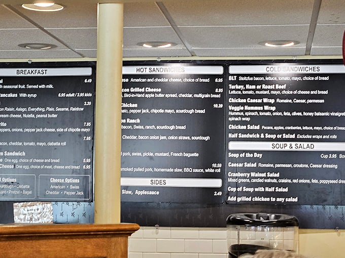 Life's big decisions happen at this menu board. Will it be a hearty breakfast sandwich or a soul-warming soup? The correct answer is "both."