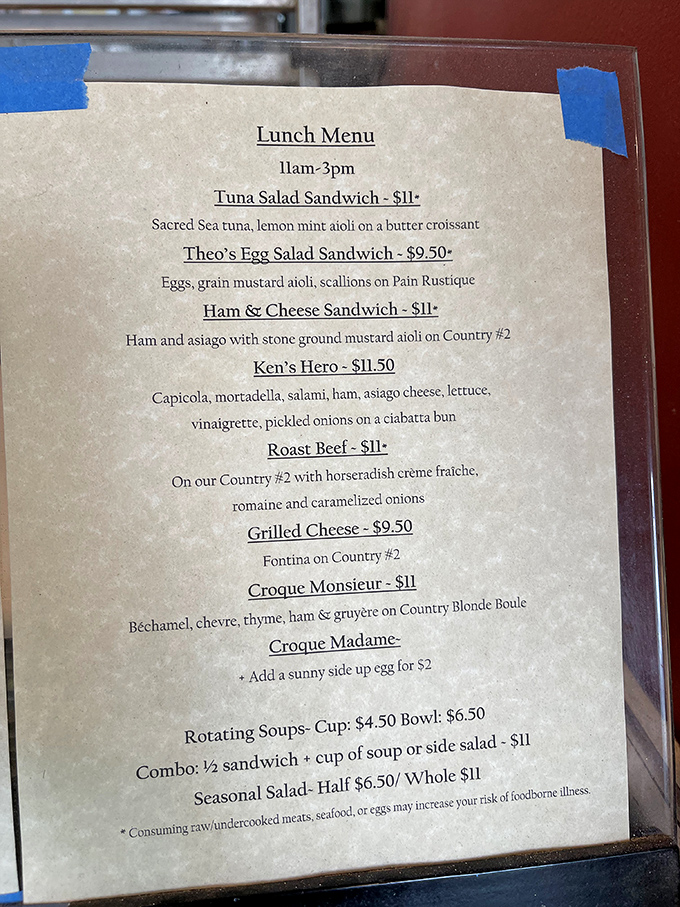 This menu isn't just a list—it's a roadmap to sandwich nirvana. The Croque Monsieur alone has caused more joy than most marriage proposals