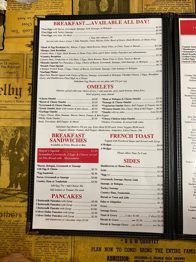 This menu isn't just a list of food—it's a cultural document where livermush gets equal billing with pancakes and omelets.