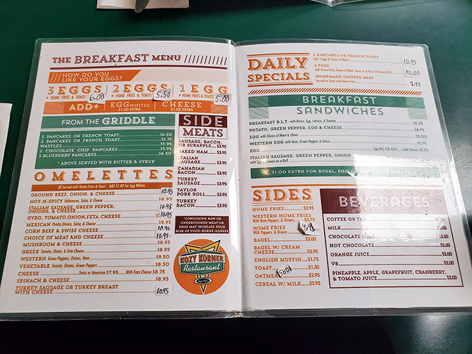 A menu that doesn't need fancy fonts or pretentious descriptions—just honest breakfast offerings that speak directly to your hungry soul.