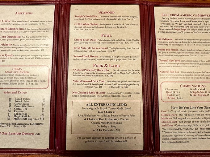 This menu isn't light reading—it's a carnivore's dream novel with a plot that always ends happily with oak-fired perfection.