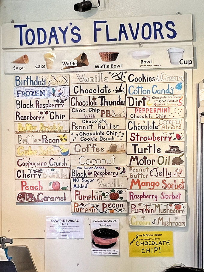 The flavor board—where dreams are born and diets go to die. From Motor Oil to Pumpkin Mushroom, this is Delaware's most delicious reading material.