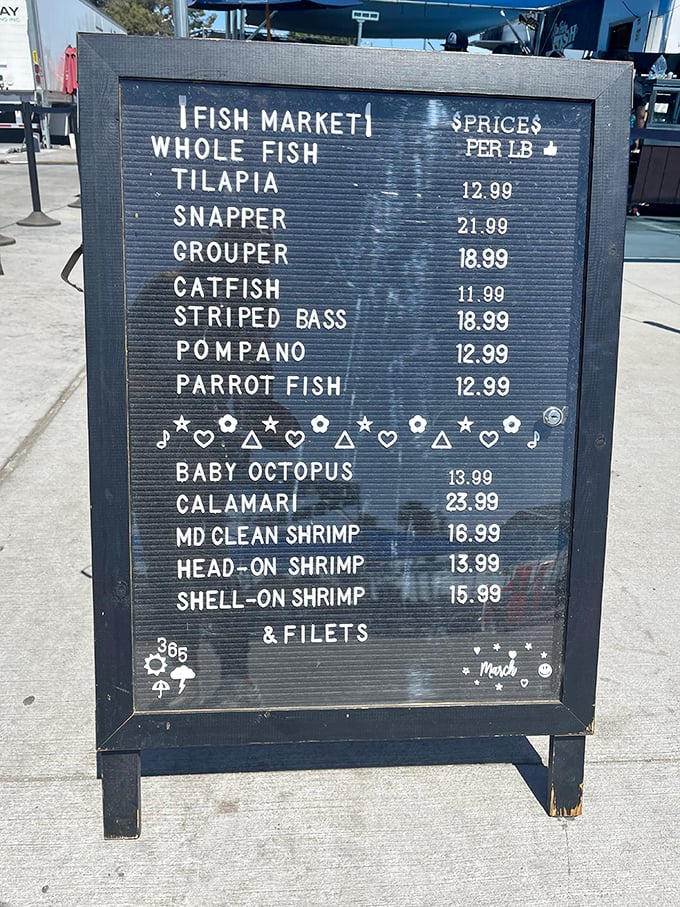 This menu board is basically a love letter to the ocean. Each line represents a different underwater treasure waiting to be discovered.