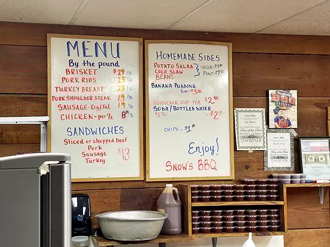 This handwritten menu isn't just a list of options – it's a sacred text, promising smoky salvation by the pound.